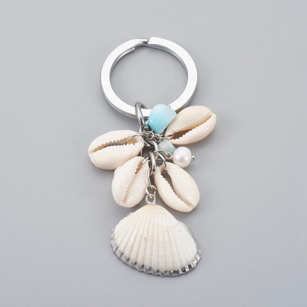 Electroplate Shell Keychain with Grade A Pearl Beads Natural Larimar ...
