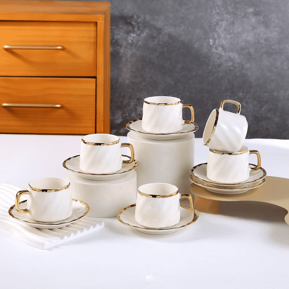 Electroplated Ceramic Coffee Cup & Saucer Set 100ml, White with Gold ...