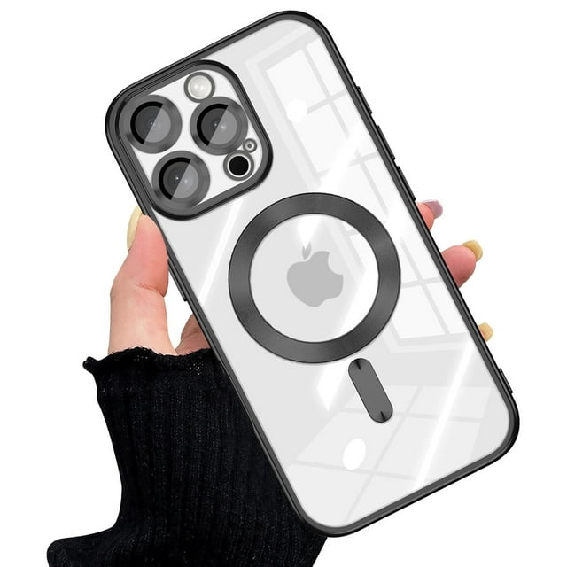 Electroplated Clear MagSafe Case with Camera Lens Protector for iPhone 16 Pro Max - Black ...