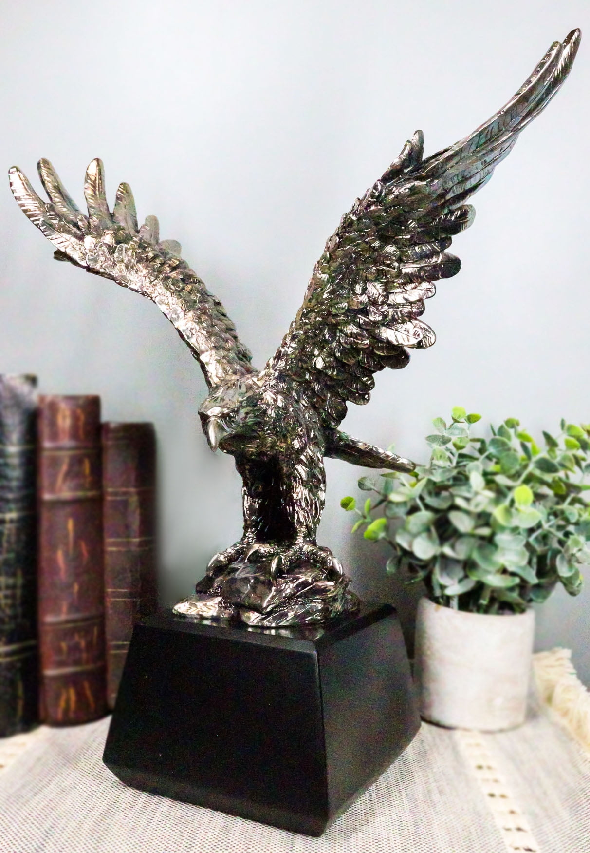 Electroplated Pewter Silver Bald Eagle With Open Wings Landing On Rock ...