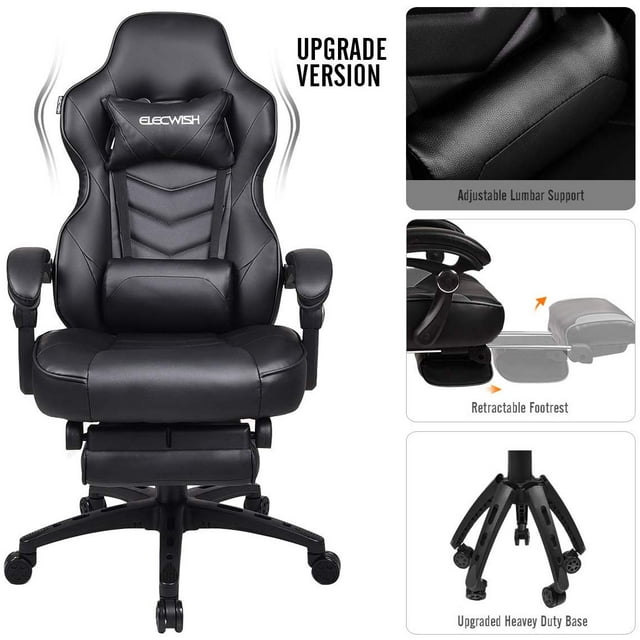 Elecwish Ergonomic Swivel Gaming Chair with Adjustable Footrest, Black ...