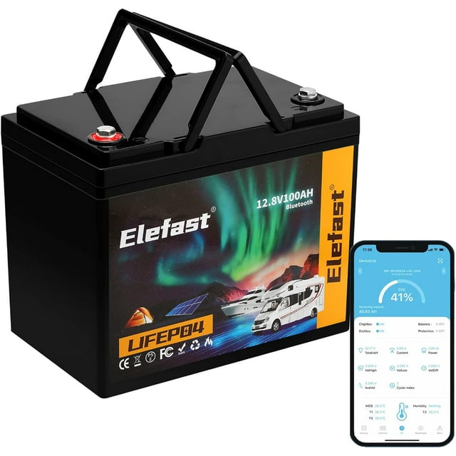 Elefast 12V 100Ah Bluetooth LiFePO4 Lithium Battery, BCI Group 24,Low ...