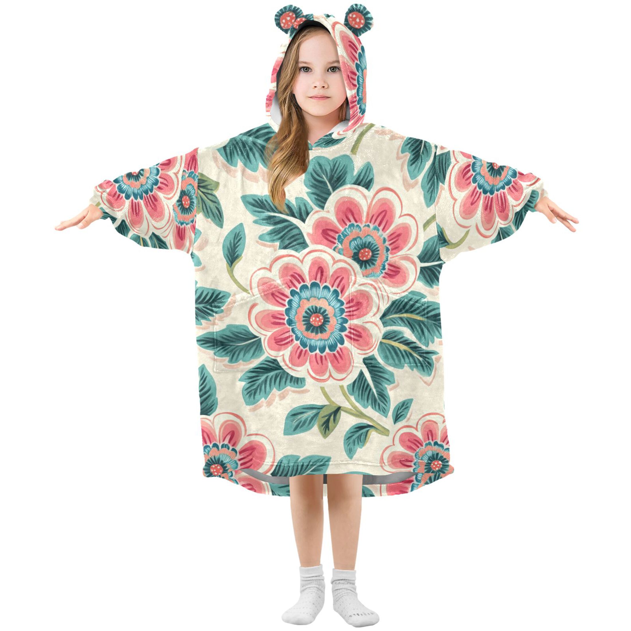 Elegance Flowers Green Leaves Flannel Wearable Blankets Hooded Design ...