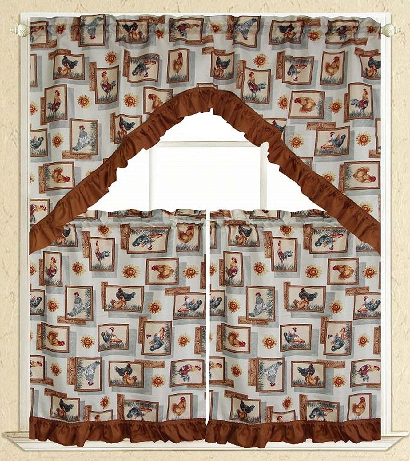 Elegance Linen® Embroidered 3-Piece Kitchen Curtain Window Treatment ...