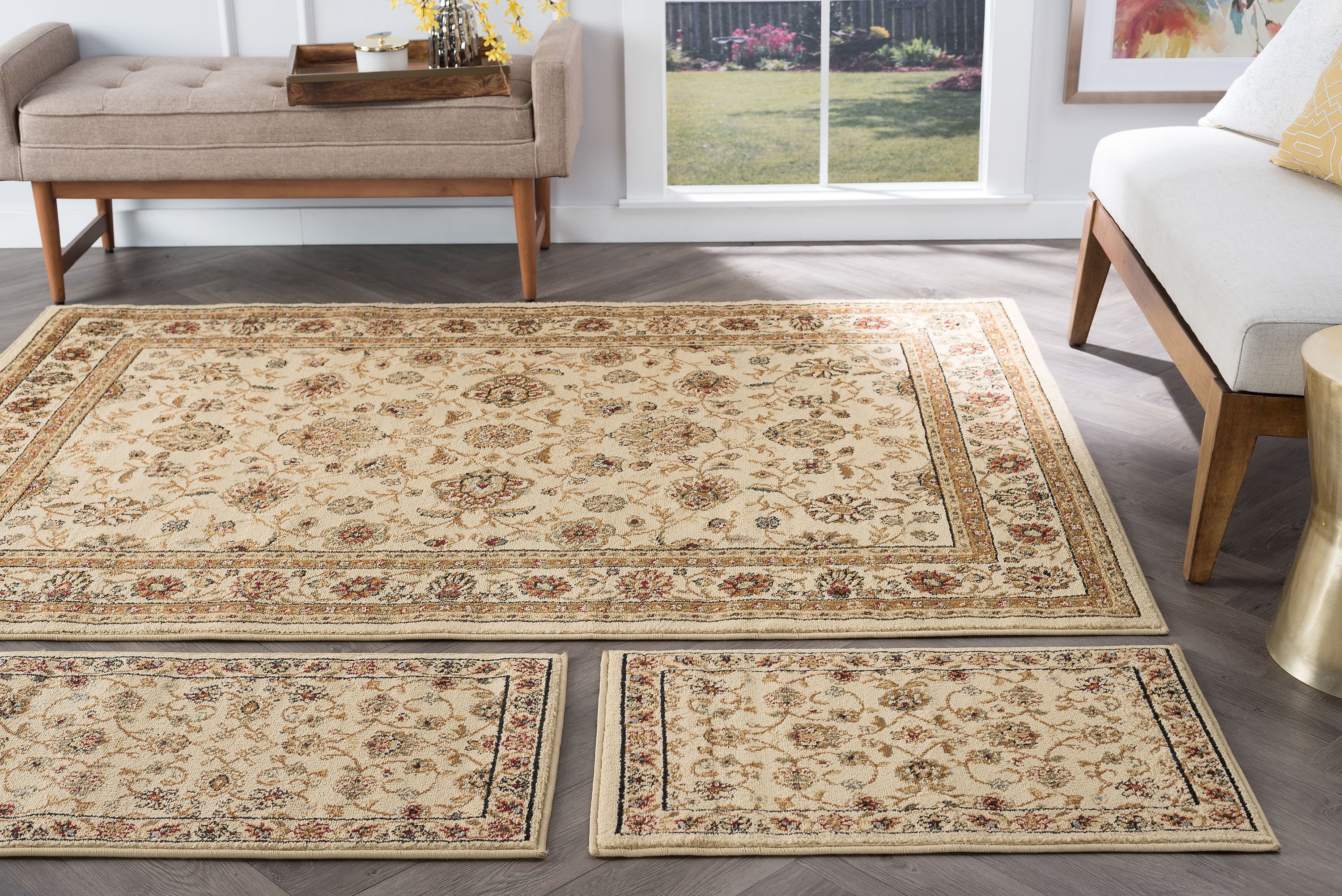 Elegance Traditional 3-Piece Set Beige and Red Polypropylene Indoor ...