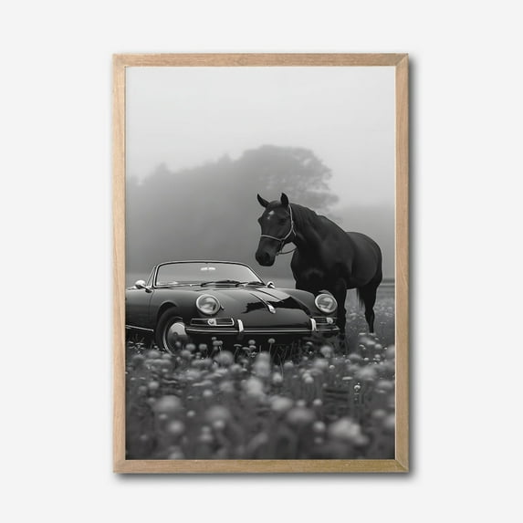 Elegance in Motion: Black and White Horse & Classic Car Canvas Wall Art ...