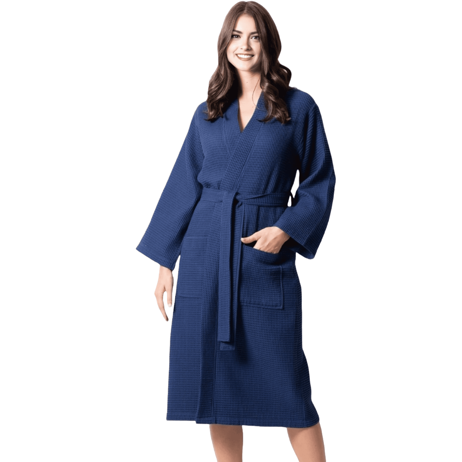 Elegani Robes and Towels, Women's Waffle Navy Long Premium Cotton Blend ...