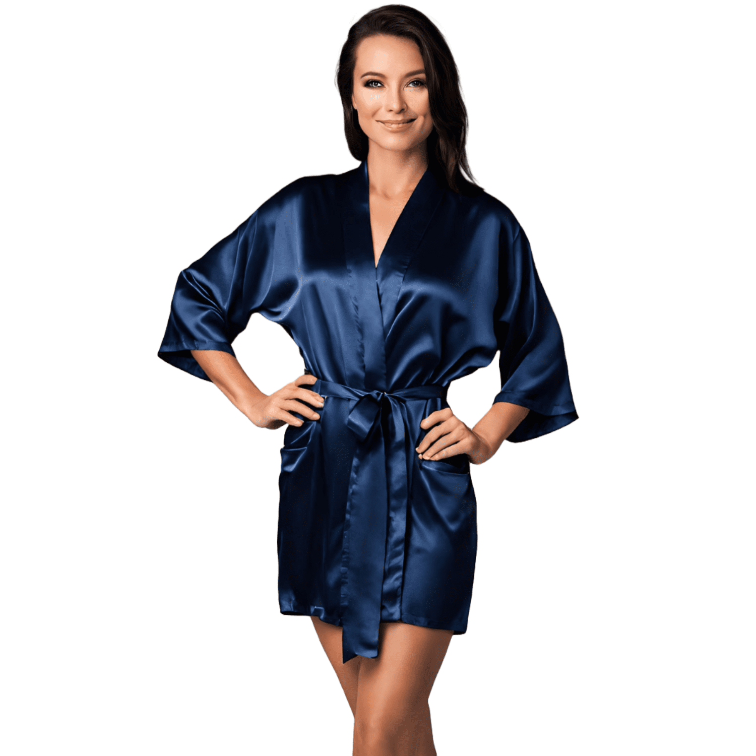 Elegani Satin Kimono Navy Short Robe for Women (Large) - Luxurious ...