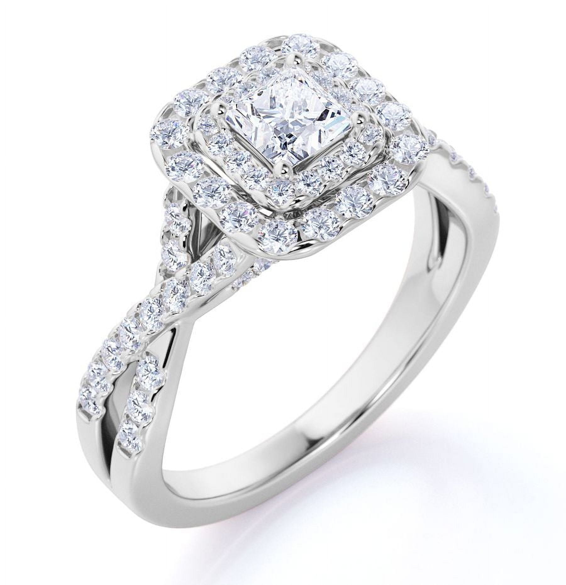 Elegant 10K White Gold 1 Carat Square Cut Diamond Ring with Double Halo ...