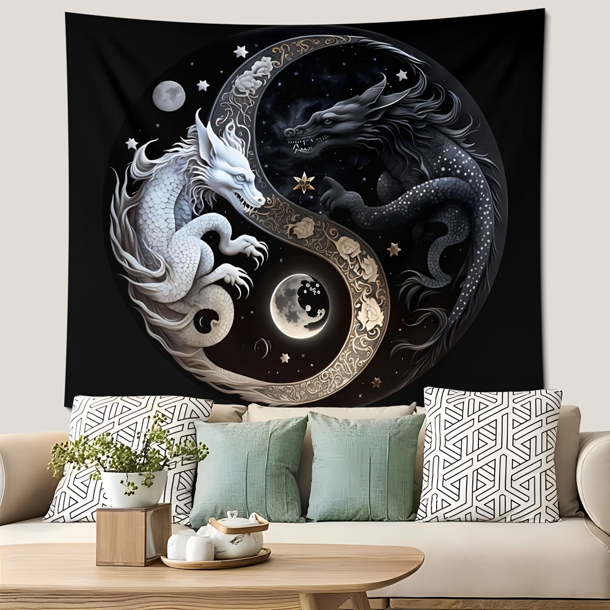 Elegant 100% Polyester Yin Yang Dragon Tapestry: Transverse Woven, Easy ...