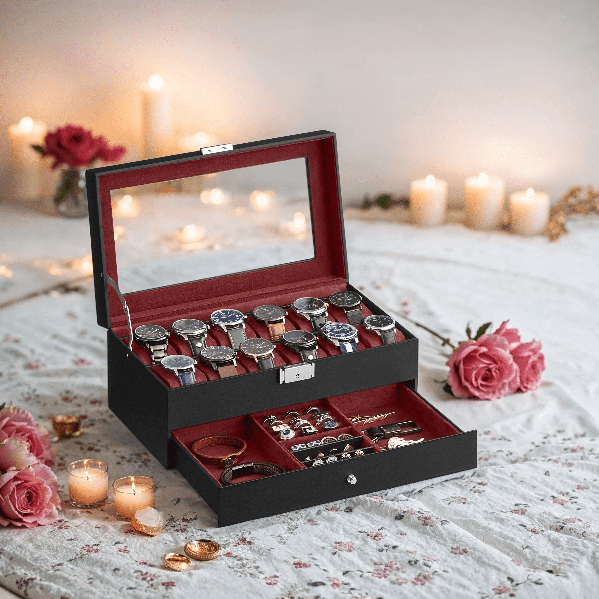 Elegant 12-Slot Watch Box, Lockable Case with Glass Lid, 2 Layers, 1 ...