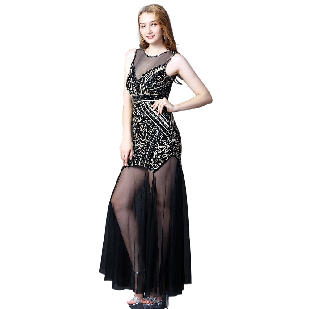 Elegant 1920s Deep V-Neck Sequin Evening Gown for Parties, Hosting and ...