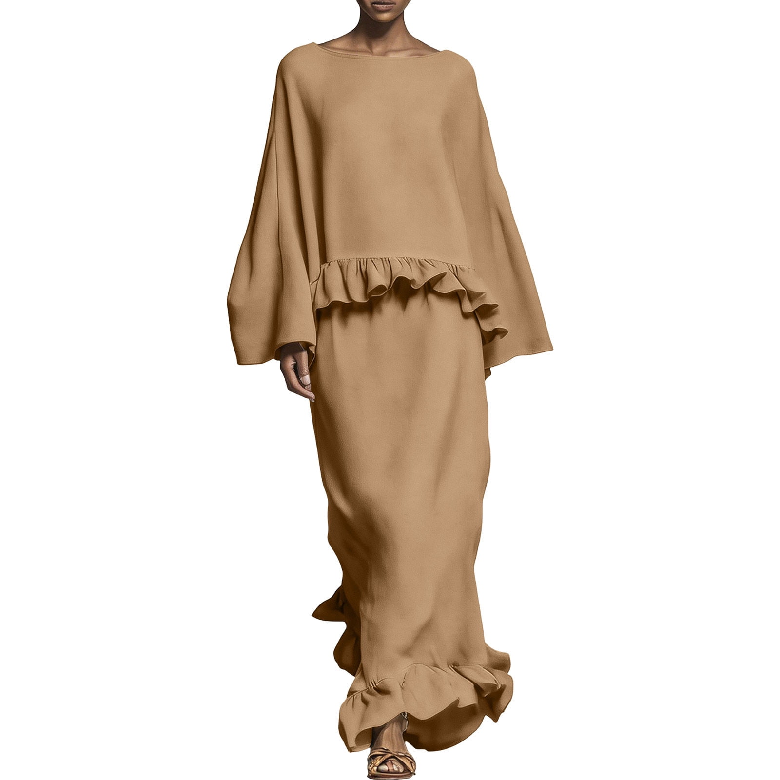 Elegant 2 Piece Linen Sets for Women Bell Sleeve Ruffle Hem Summer Maxi ...