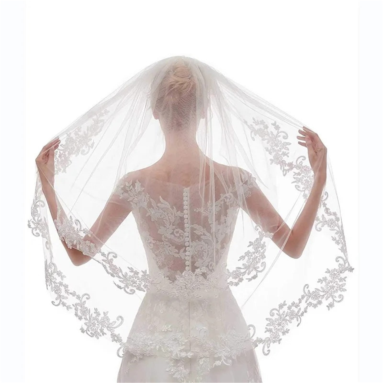 Elegant 2-Tier Wedding Bridal Veil with Flower Applique Edge - Fingertip Length Tulle Veil with ...