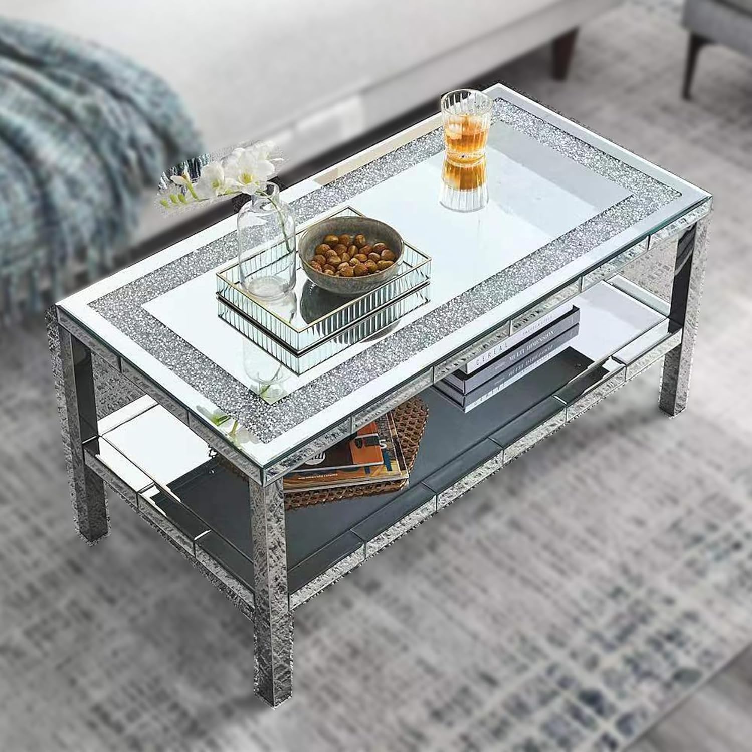 Elegant 2 Tiers of Shiny Silver Mirrored Coffee Table, Crystals Inlay ...