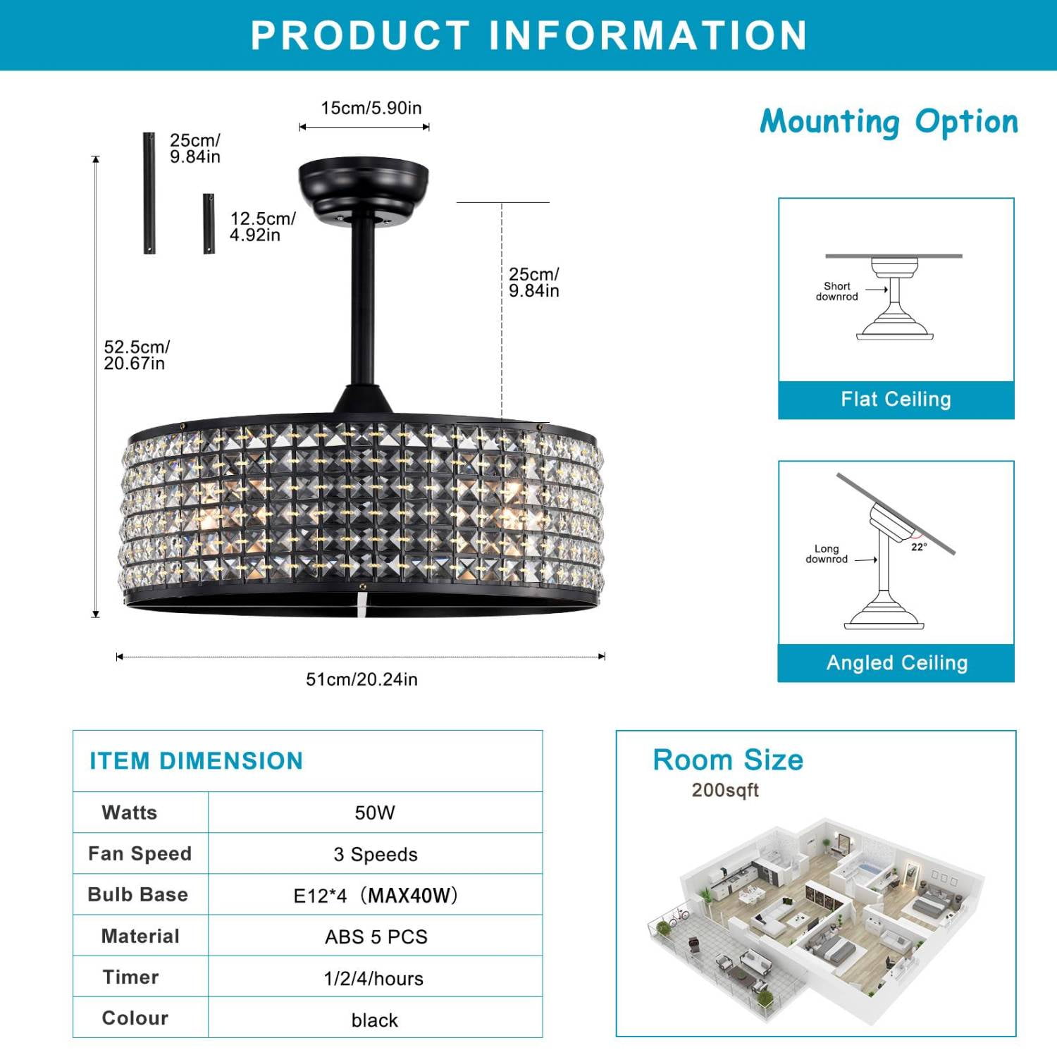 Elegant 20.67” Black Matte Crystal Ceiling Fan with AC Motor Remote ...