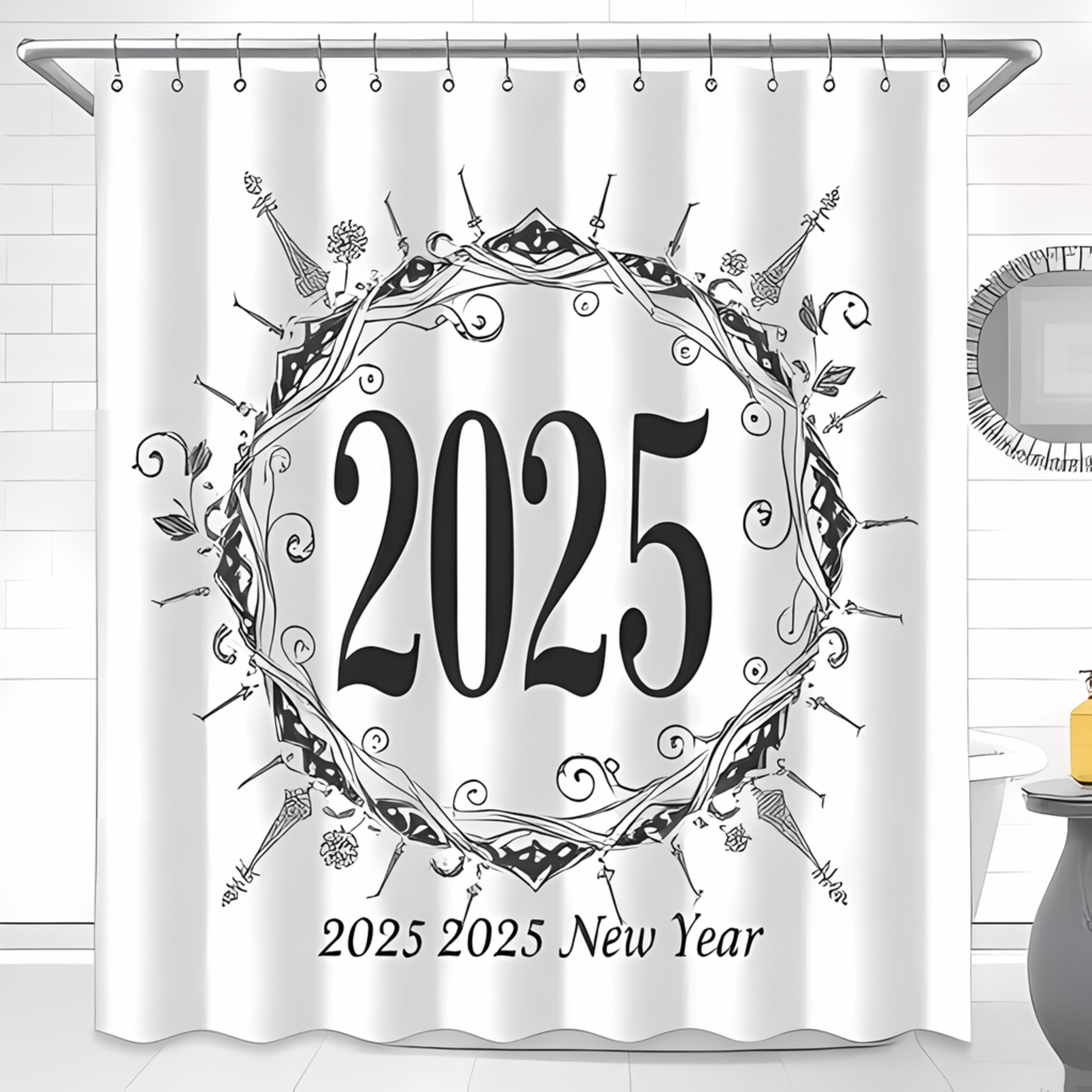 Elegant 2025 New Year Shower Curtain Bold Graphic Design with Floral ...