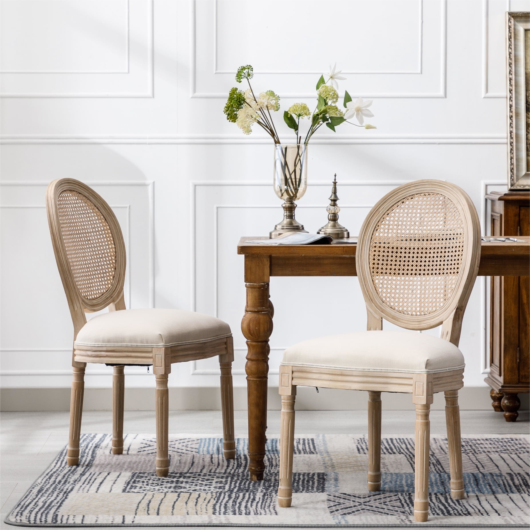 Elegant 2pcs Dining Chairs In French Style, Cream. Solid Wood, Linen ...