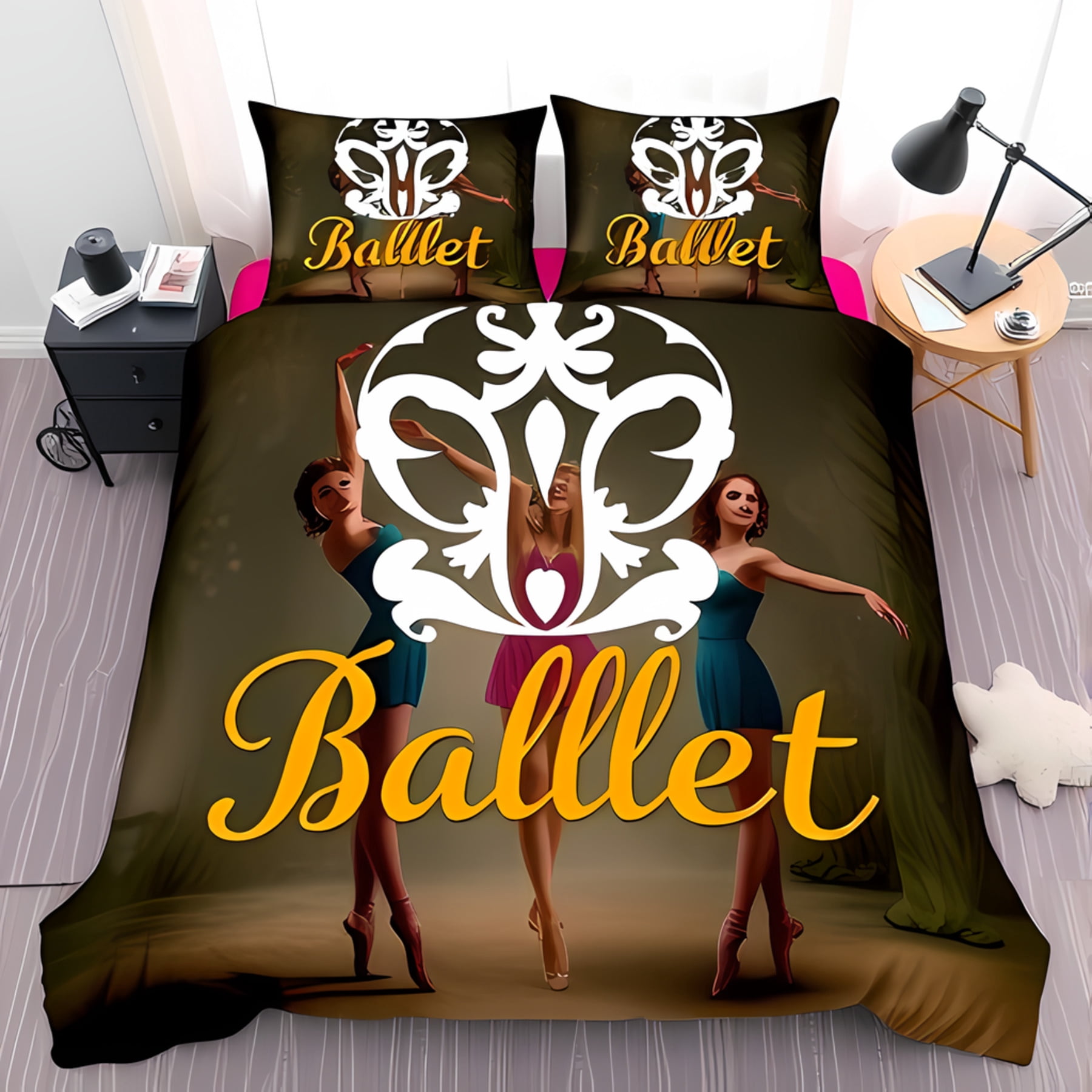 Elegant 3-Piece Ballet Duvet Cover Set with Graceful Ballerinas & Gold ...