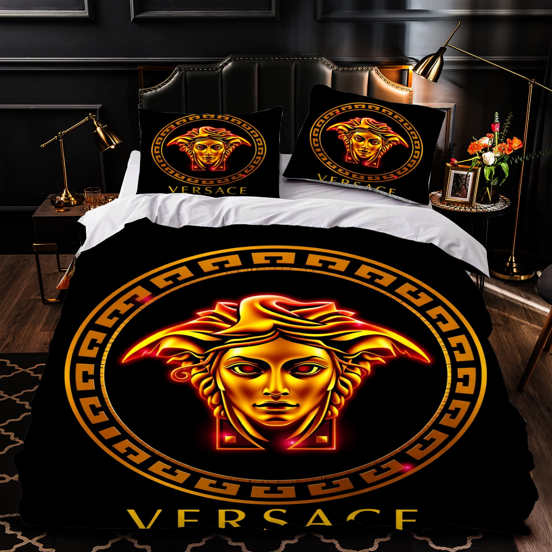 Elegant 3-Piece Black and Gold Duvet Cover Set with Stylized Face and ...