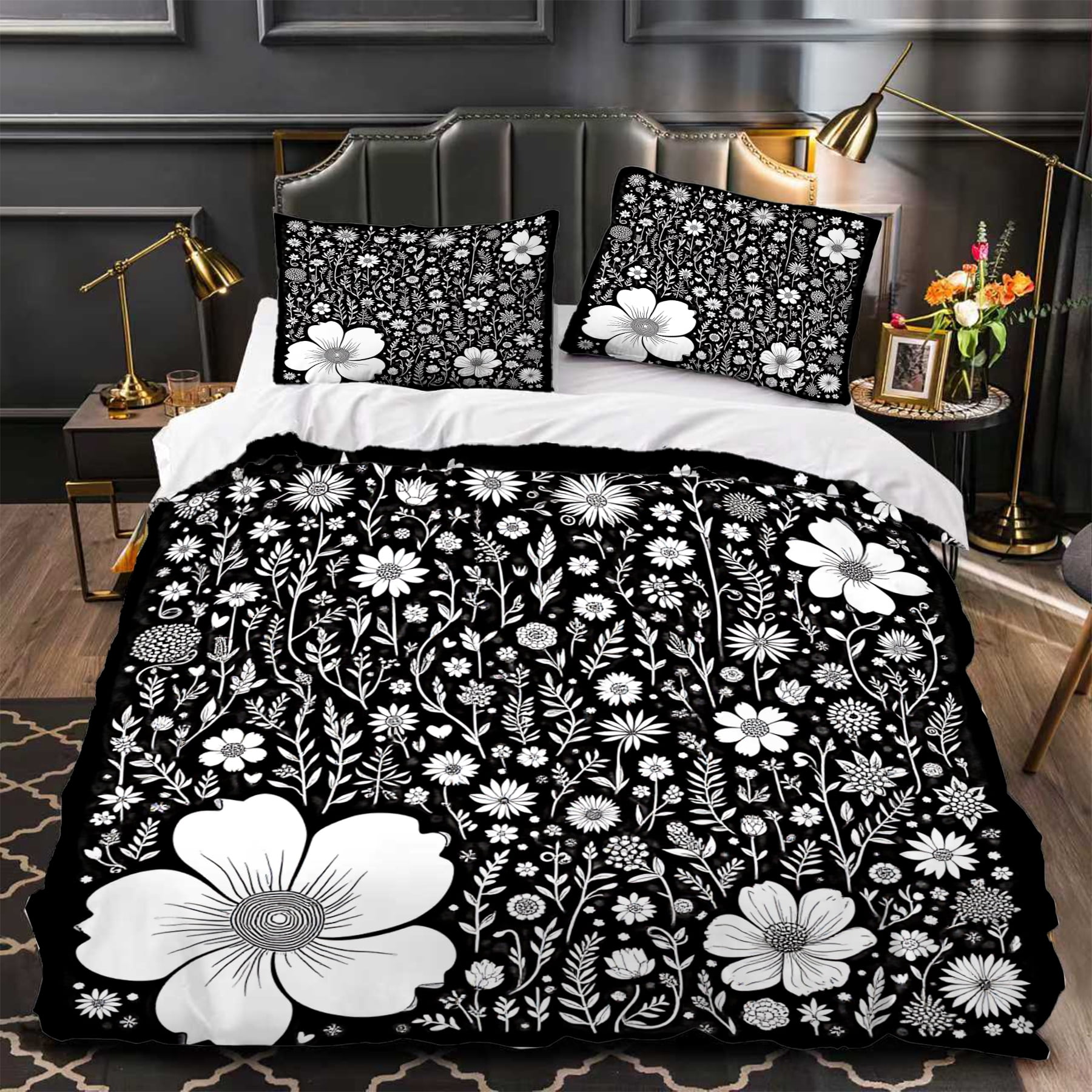 Elegant 3-Piece Black and White Floral Duvet Cover Set - Symmetrical ...
