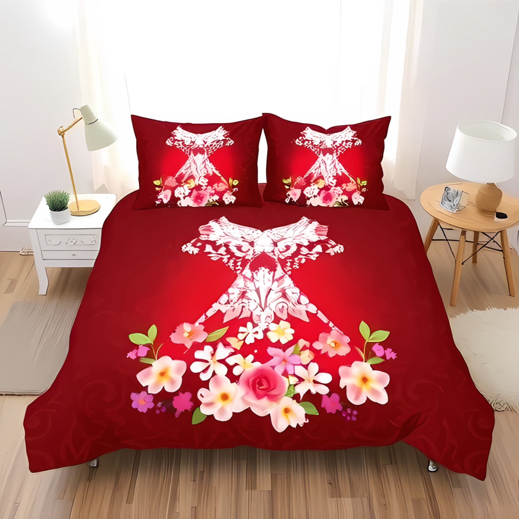 Elegant 3-Piece Crimson Duvet Cover Set with Gown Design & Floral ...