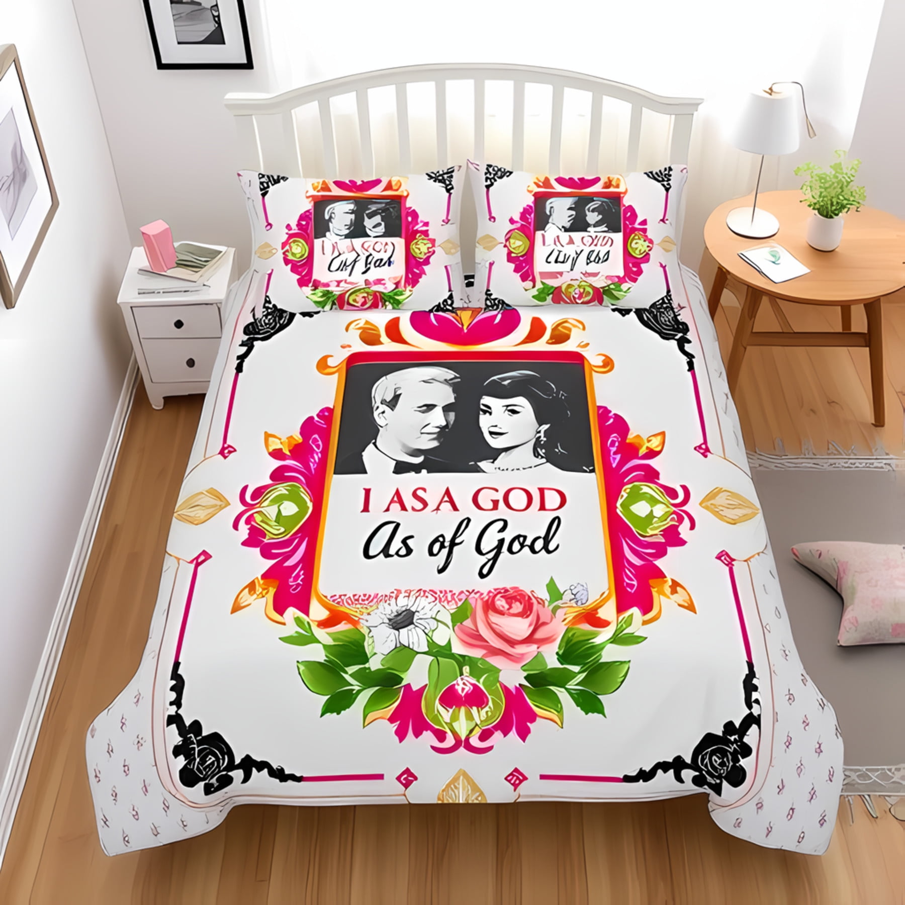 Elegant 3-Piece Duvet Cover Set with Floral Motifs & Bold Typography ...