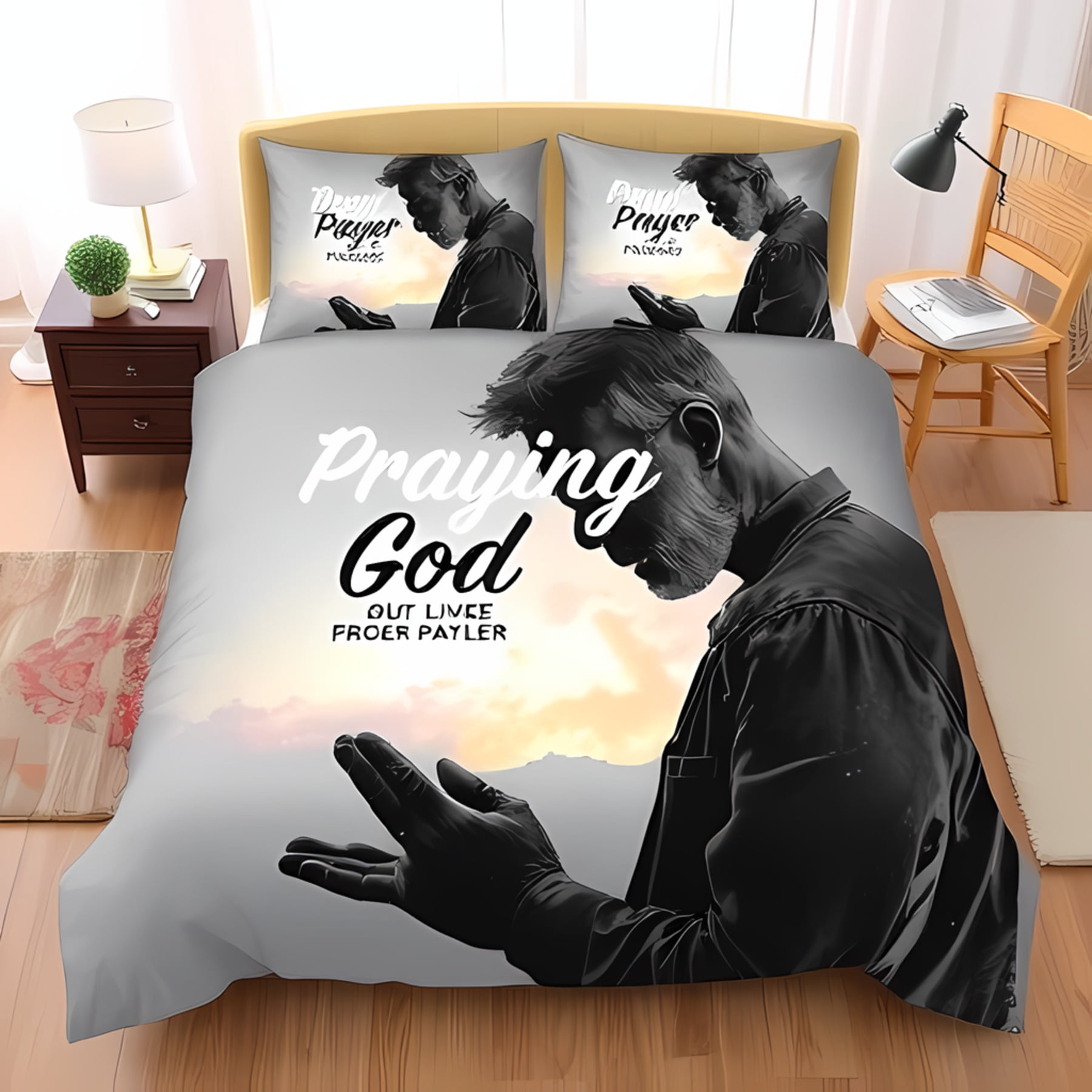 Elegant 3-Piece Duvet Cover Set with Monochromatic Prayer Figure and ...