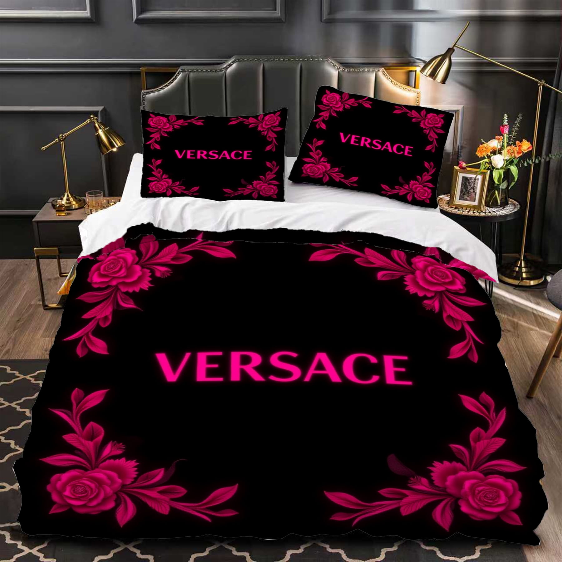 Elegant 3-Piece Duvet Cover Set in Black with Pink Floral Design ...