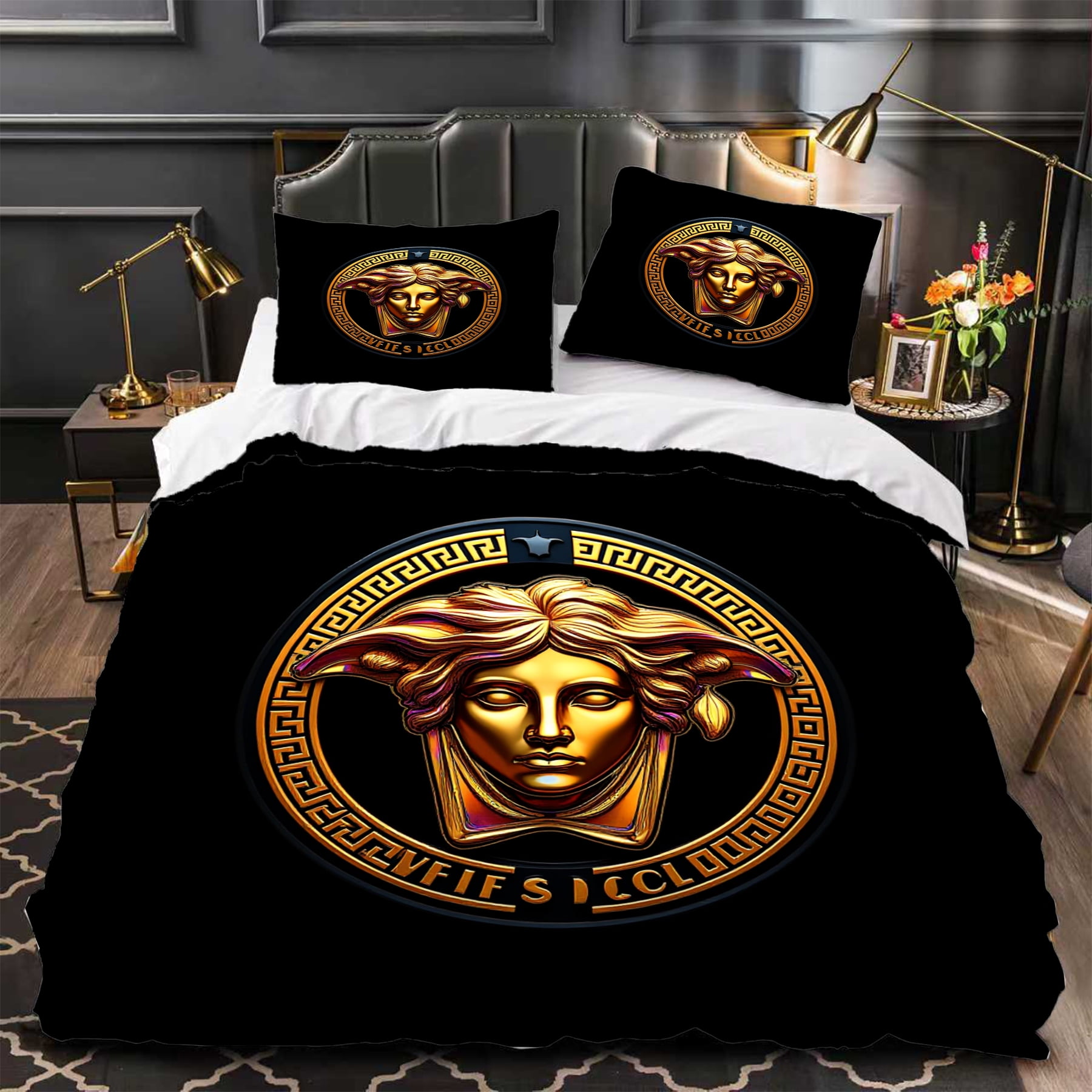 Elegant 3-Piece Duvet Cover Set with Black Bedding Golden Emblem ...