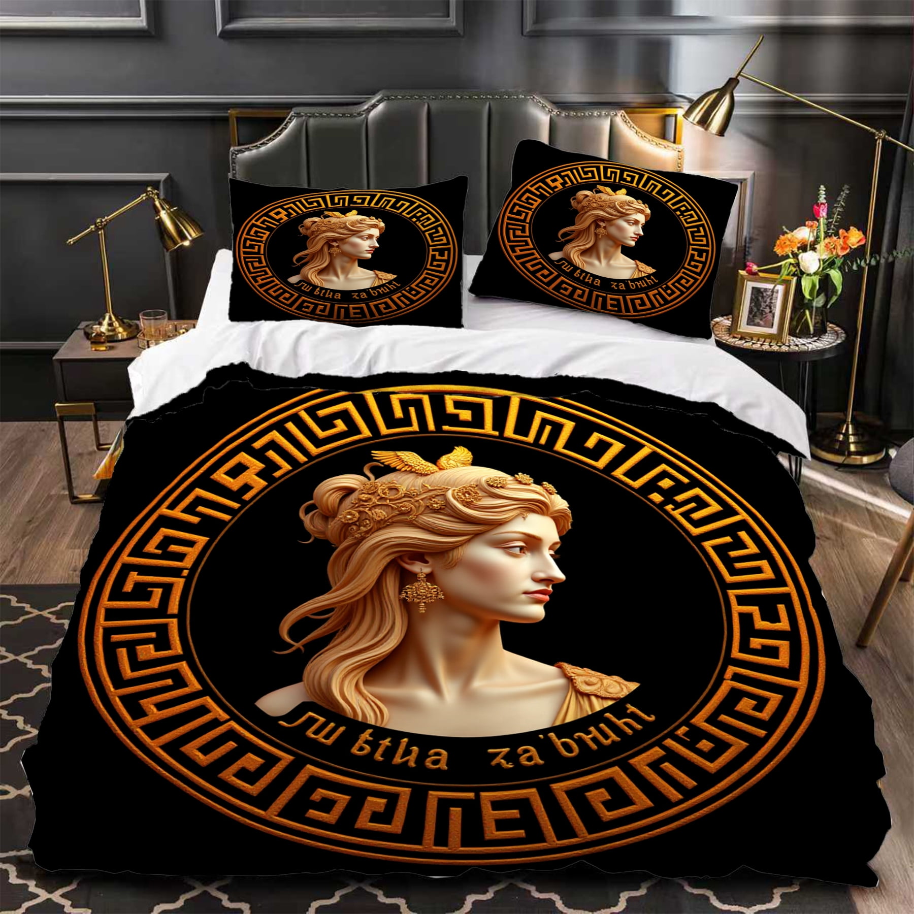 Elegant 3-Piece Duvet Cover Set with Black Bedding featuring Golden ...
