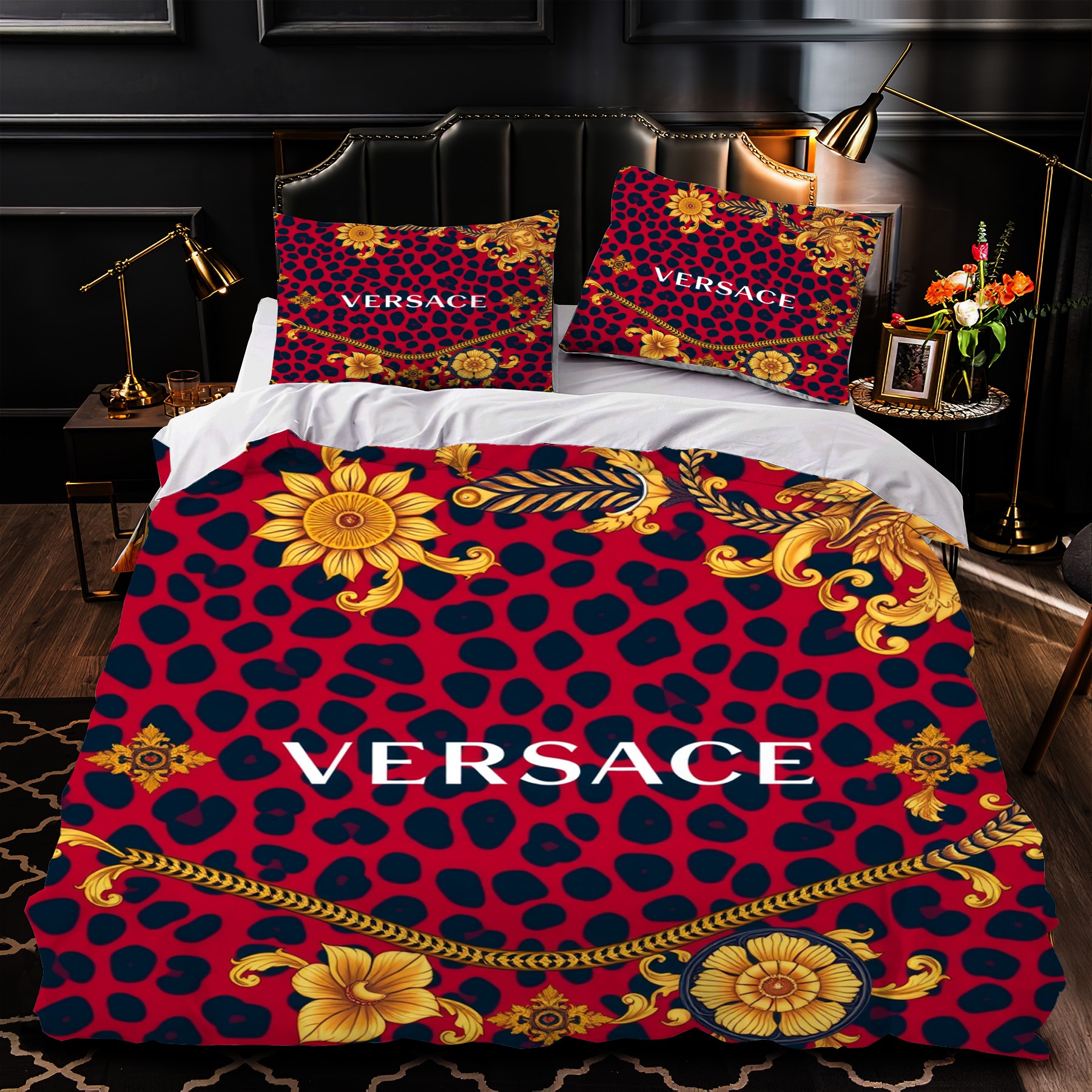 Elegant 3-Piece Duvet Cover Set with Bold Red Animal Print Design Gold ...