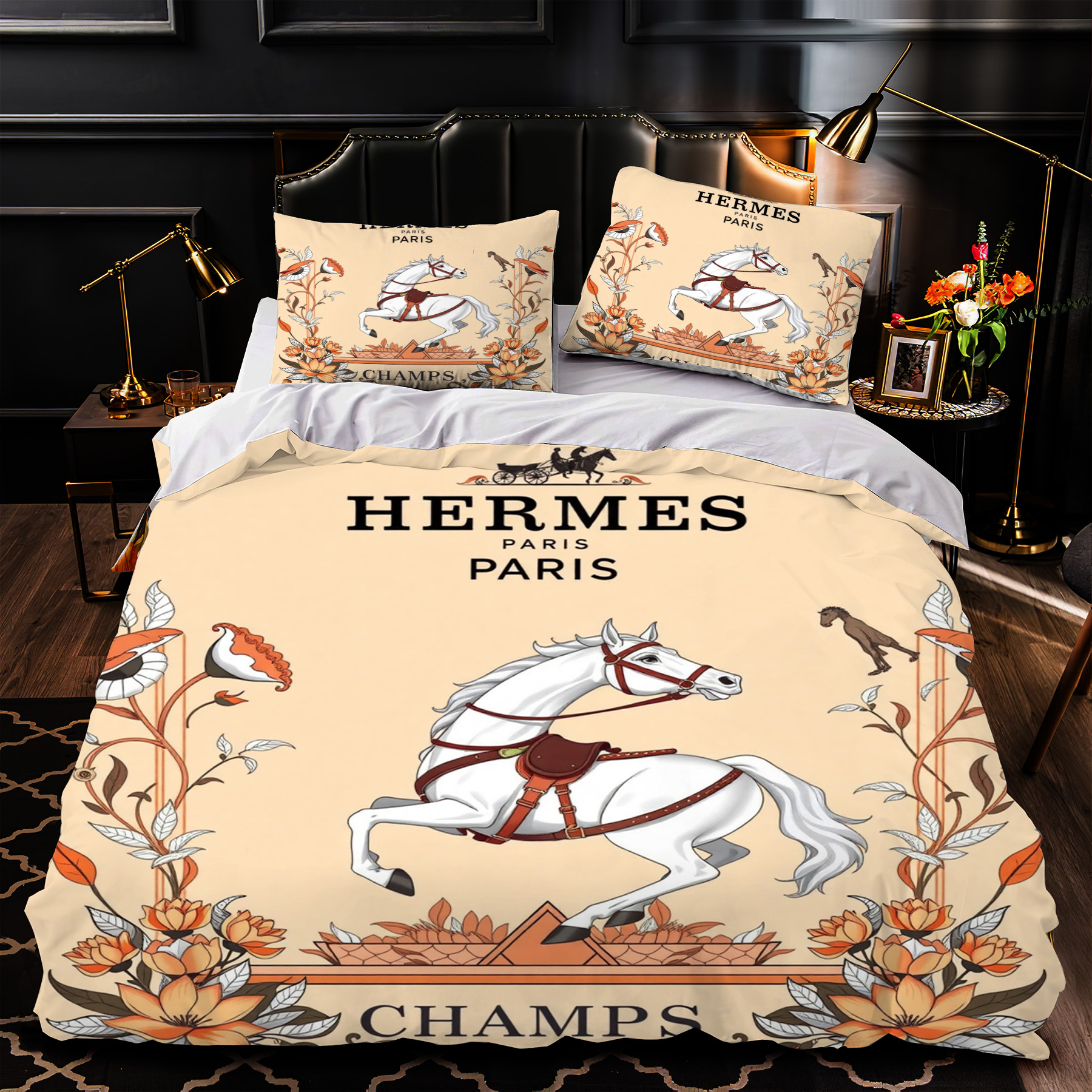 Elegant 3-Piece Duvet Cover Set with Champs Design Horse Illustration ...