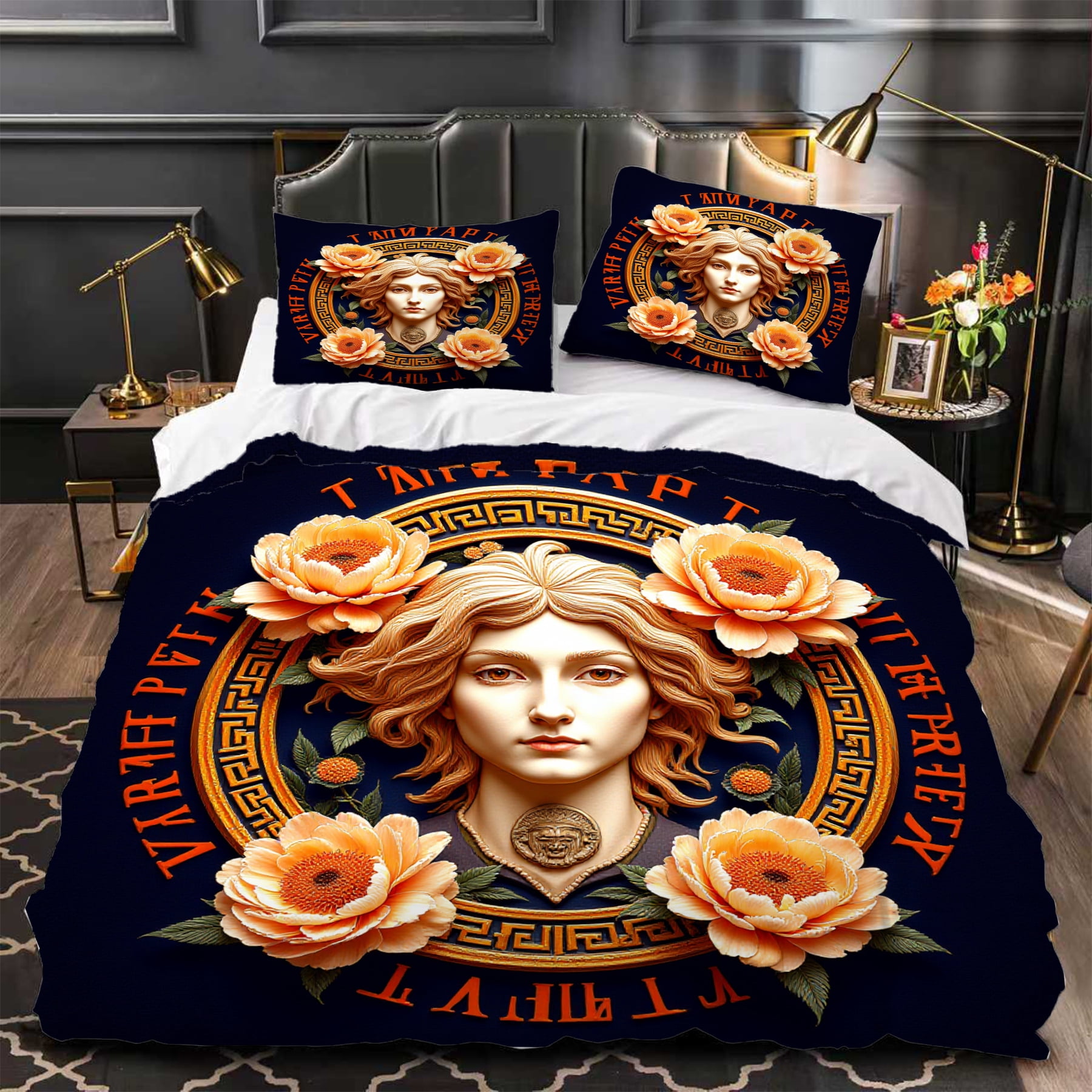 Elegant 3-Piece Duvet Cover Set with Classical Figure Design Surrounded ...