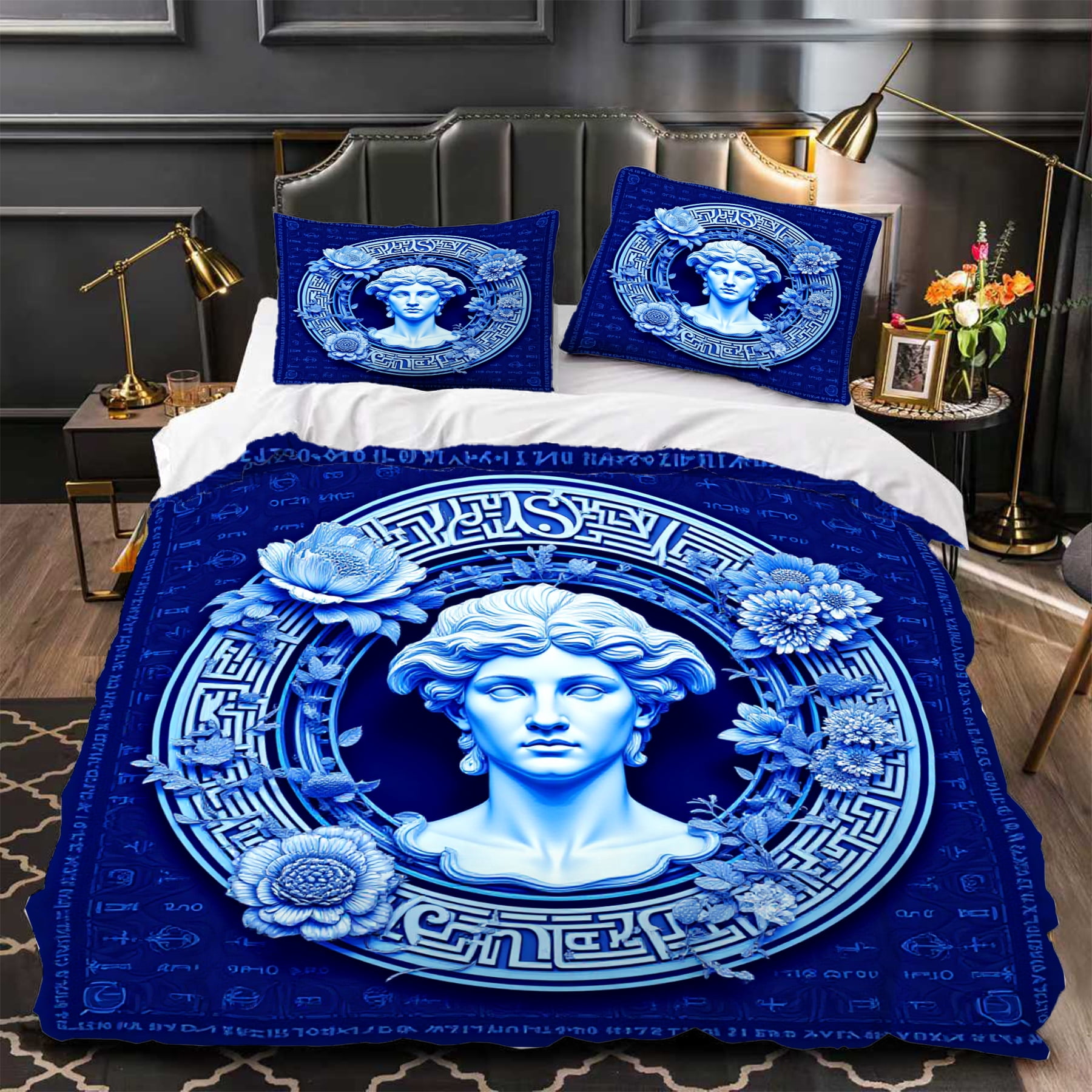 Elegant 3-Piece Duvet Cover Set with Classical Statue & Floral Design ...