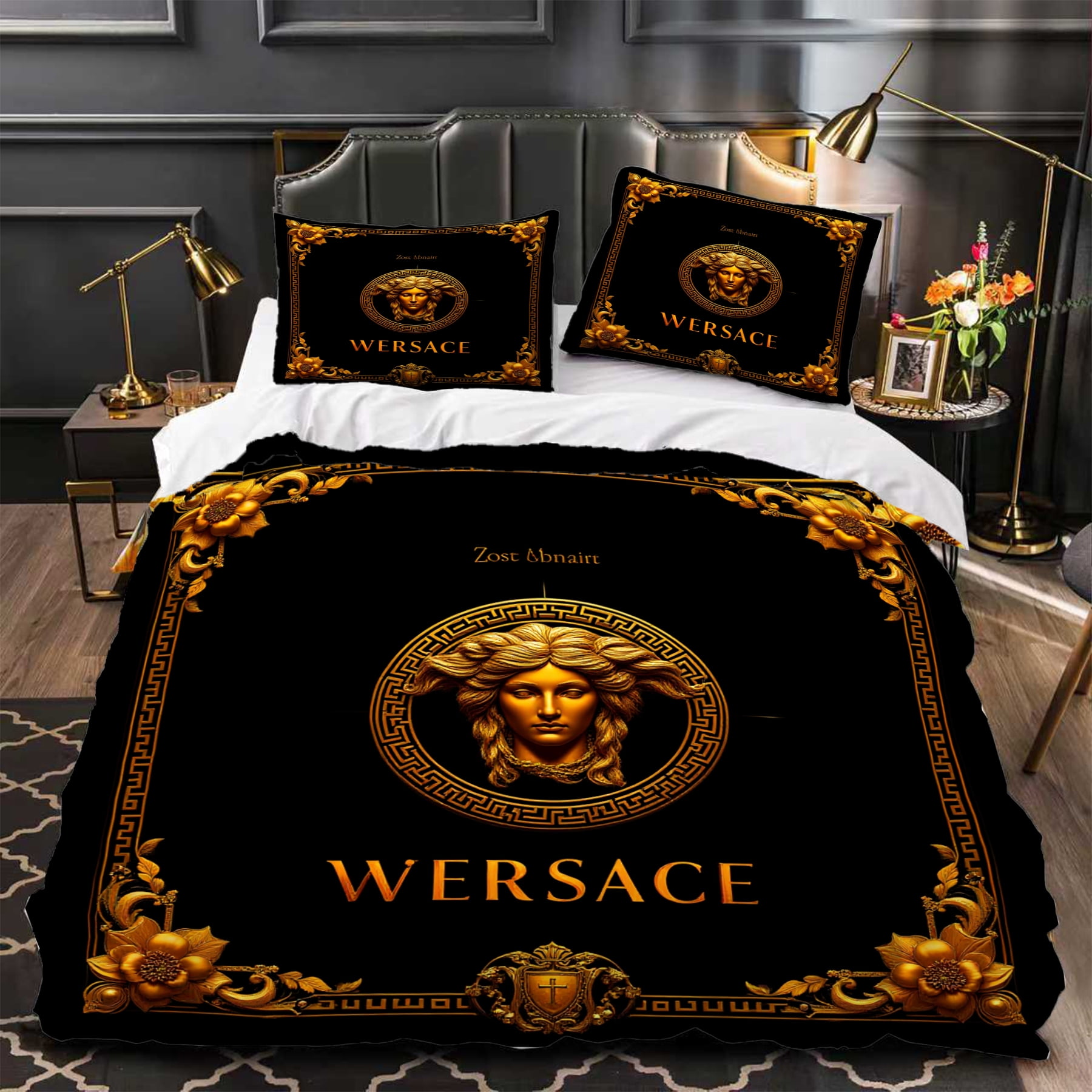 Elegant 3-Piece Duvet Cover Set with Gold Accented Face Design ...