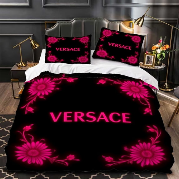 Elegant 3-Piece Duvet Cover Set with Large Pink Floral Pattern on Black ...