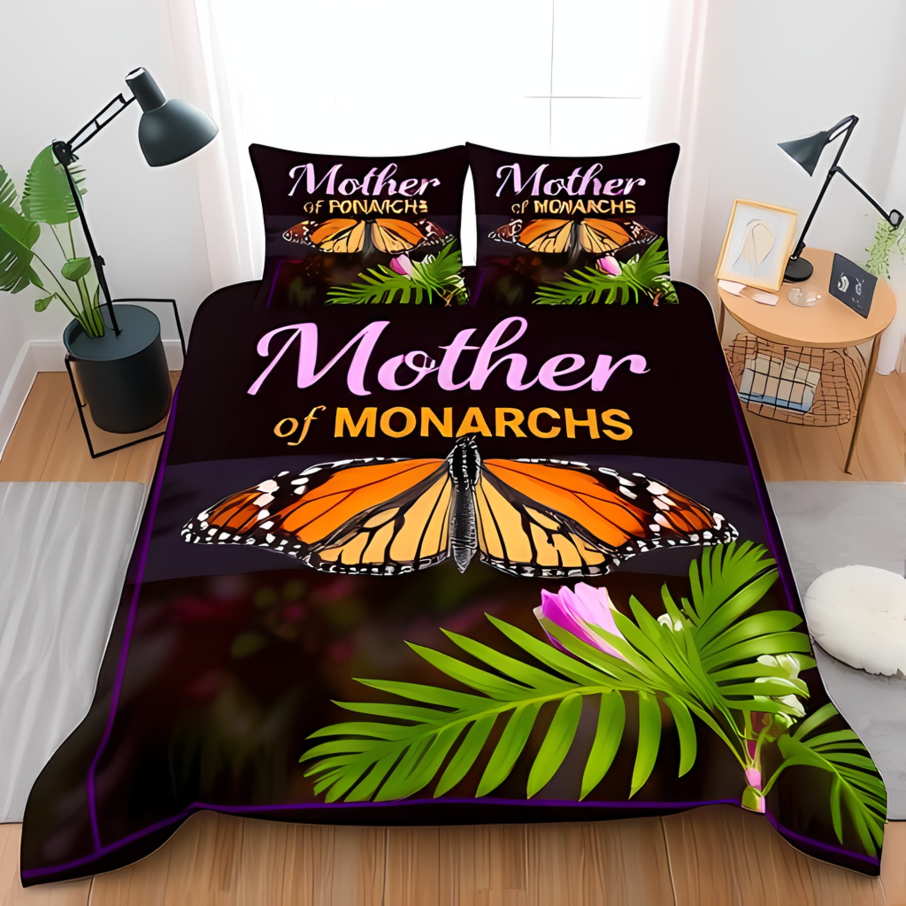 Elegant 3-Piece Duvet Cover Set with Monarch Butterfly Design Soft Pink ...