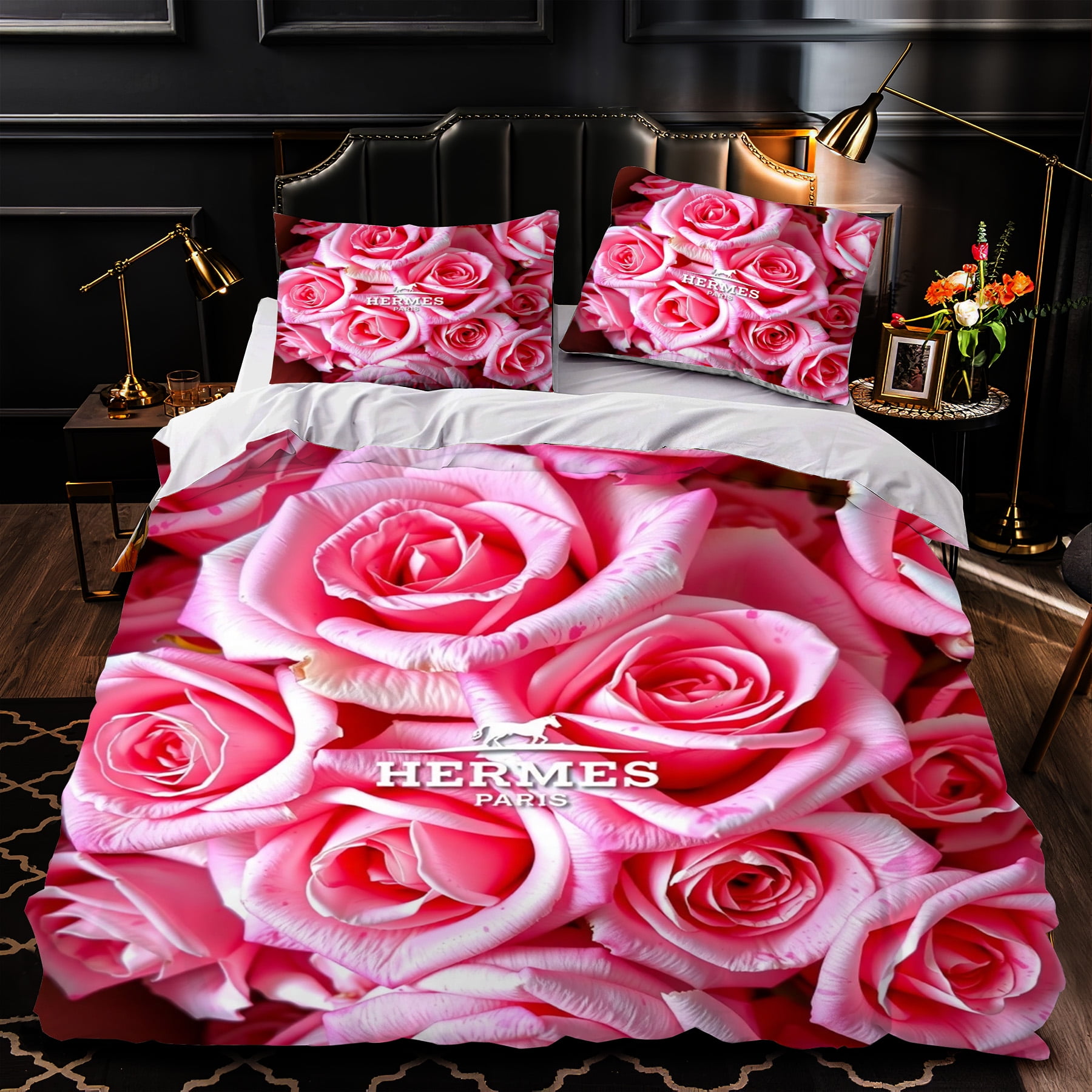 Elegant 3-Piece Duvet Cover Set with Pink Roses Floral Pattern Luxurious Dark Upholstered Design ...
