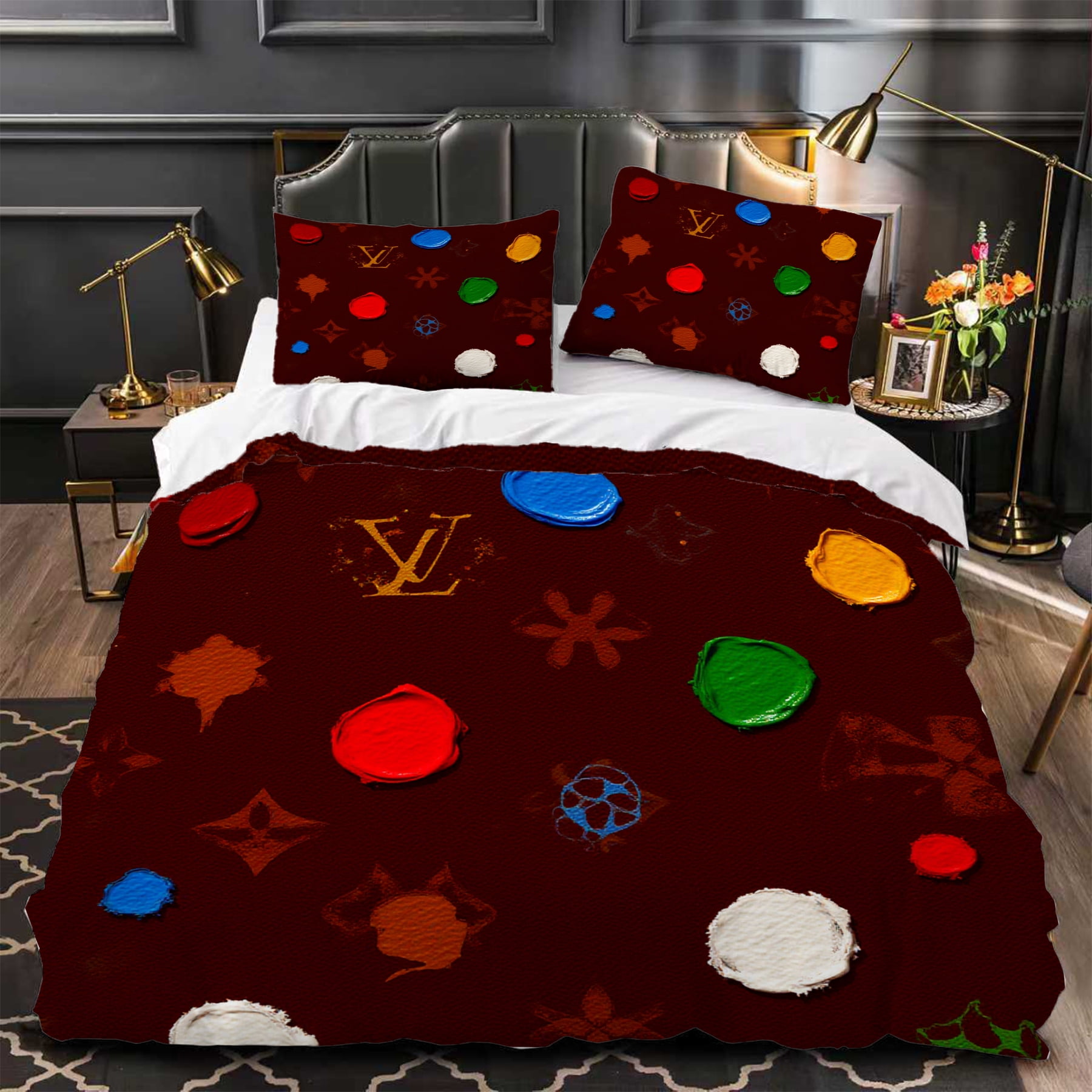 Elegant 3-Piece Duvet Cover Set with Vibrant Maroon Floral and Circular ...