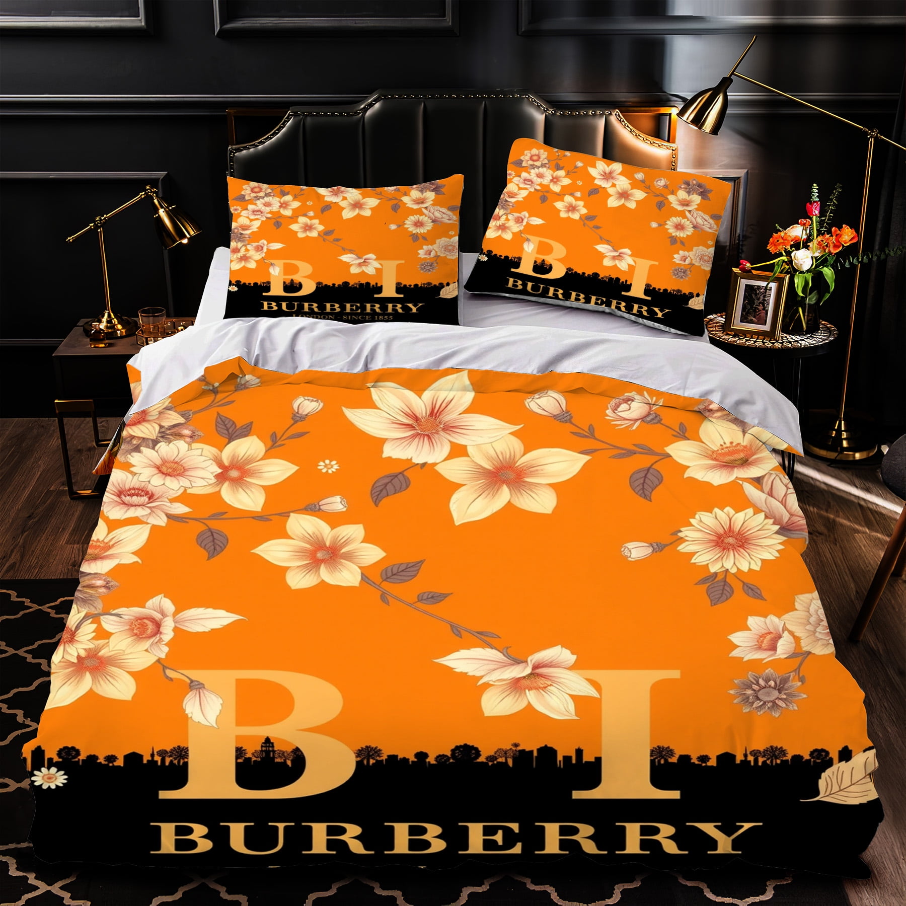 Elegant 3-Piece Duvet Cover Set with Vibrant Orange Floral Pattern ...