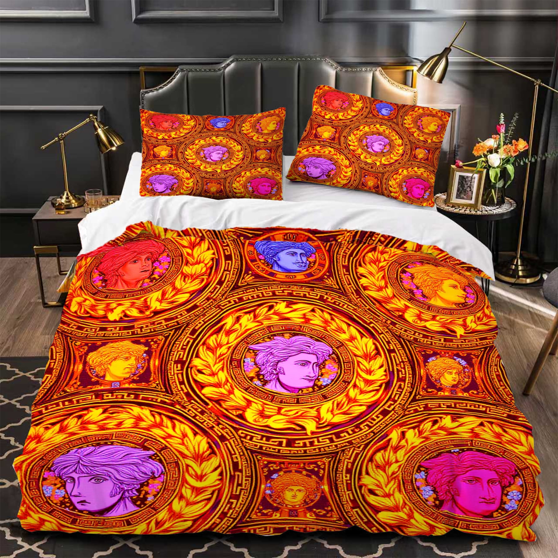 Elegant 3-Piece Duvet Cover Set with Vibrant Portrait Pattern in Gold ...