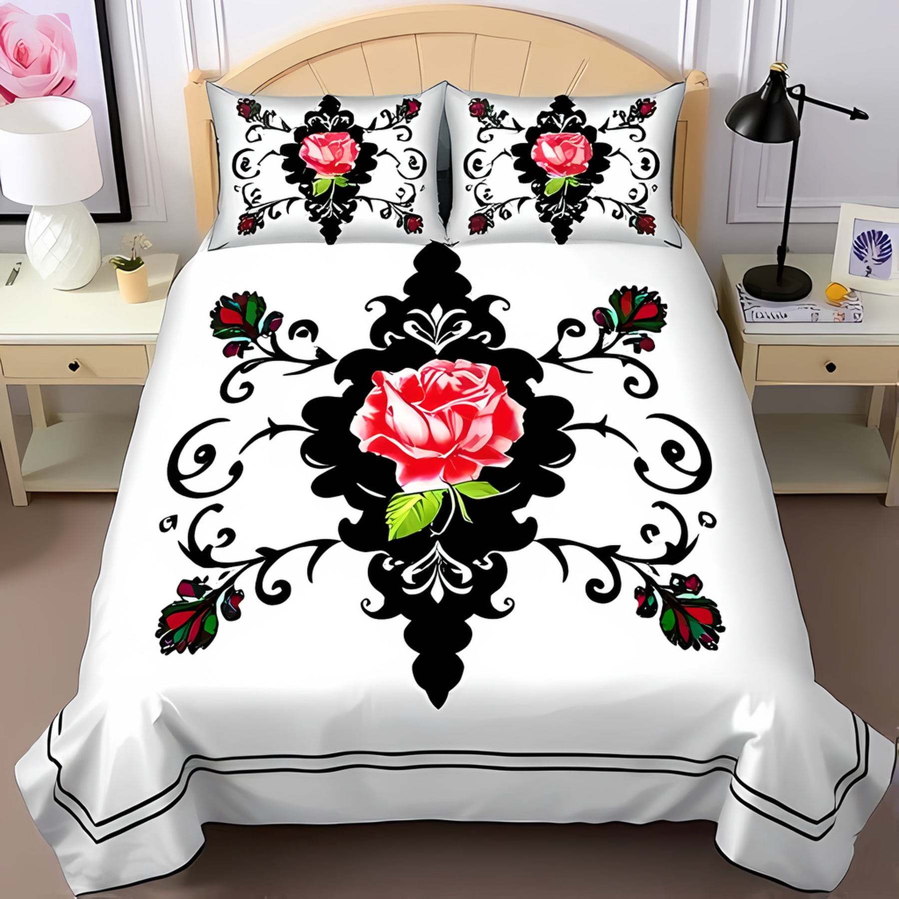 Elegant 3-Piece Duvet Cover Set with Vibrant Red Rose Design & Black ...