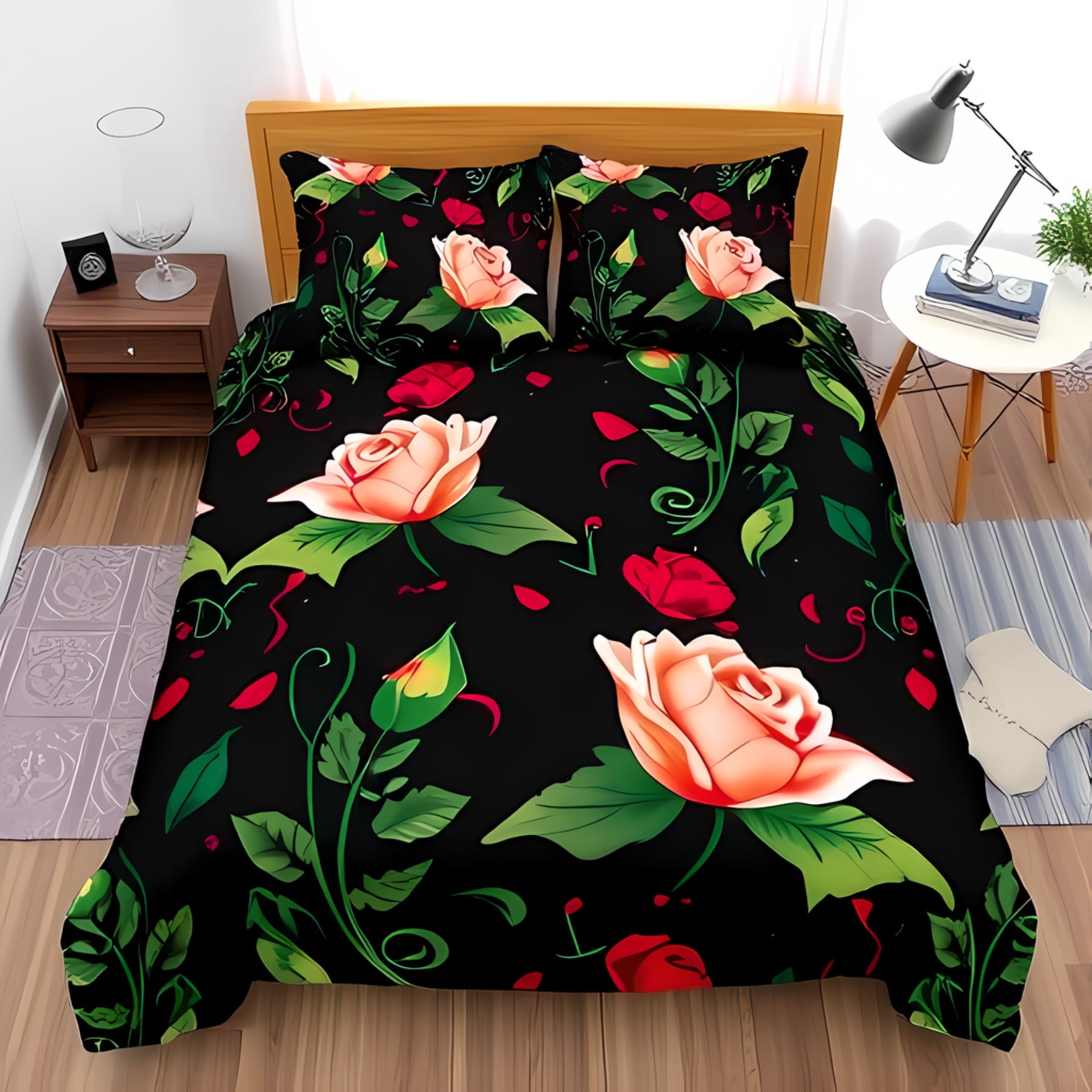 Elegant 3-Piece Duvet Cover Set with Vibrant Roses & Green Foliage on ...