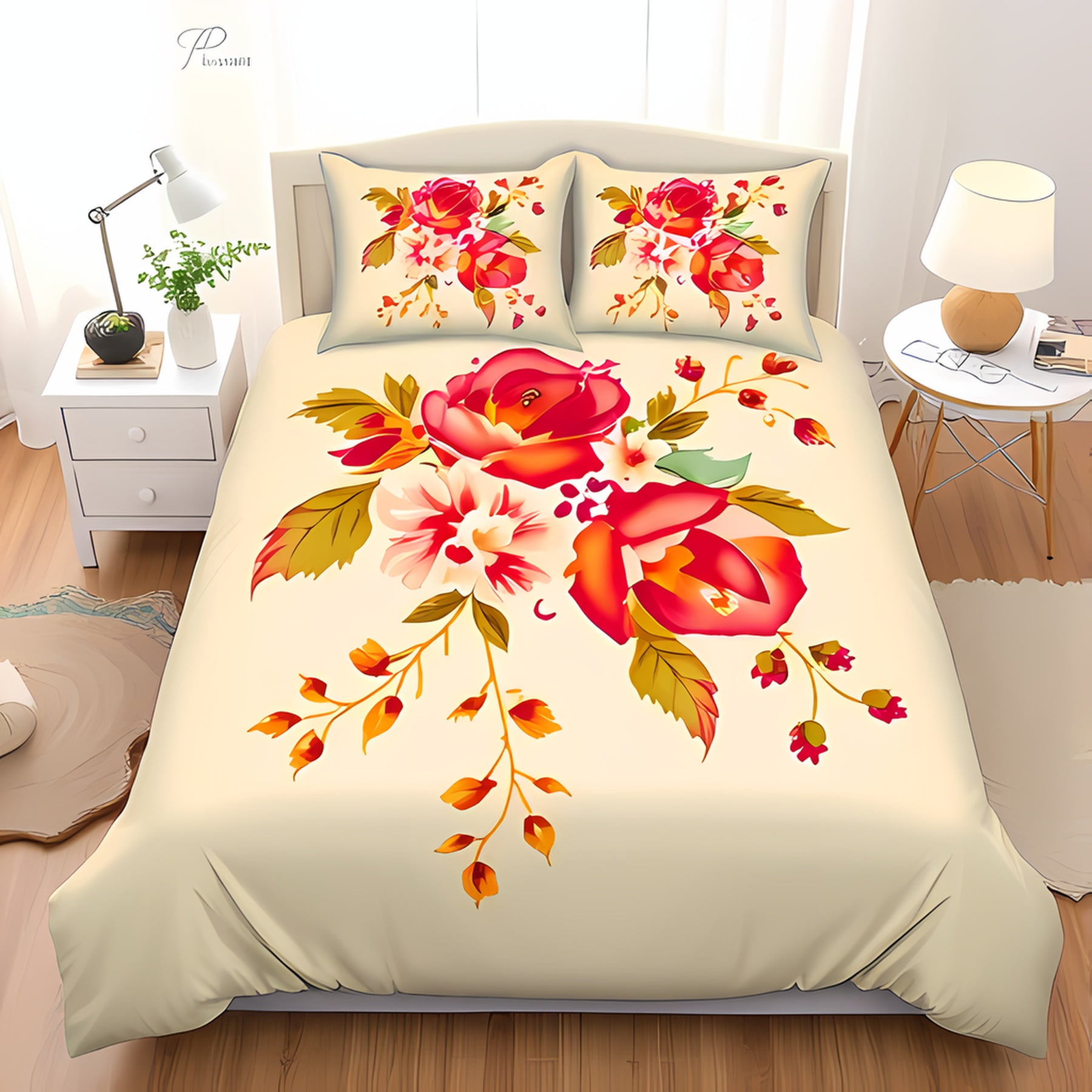 Elegant 3-Piece Floral Duvet Cover & Pillowcase Set - Cream with Red ...