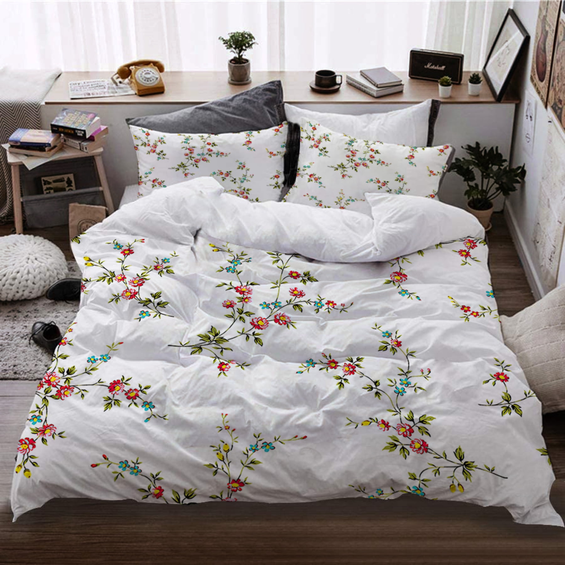 Elegant 3-Piece Floral Duvet Cover Set - Soft White with Colorful ...