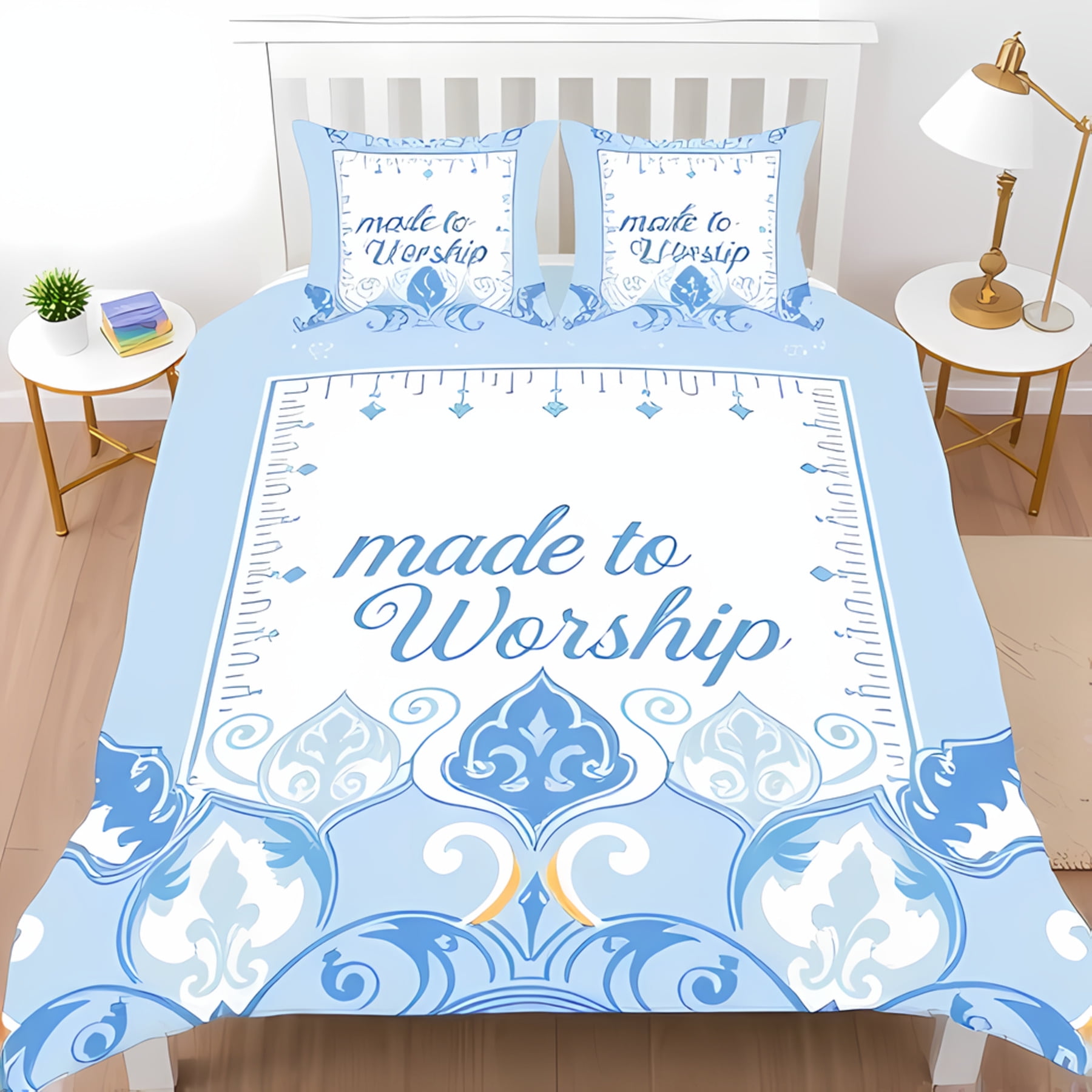 Elegant 3-Piece Light Blue Duvet Cover Set with Damask Pattern & 'Made ...