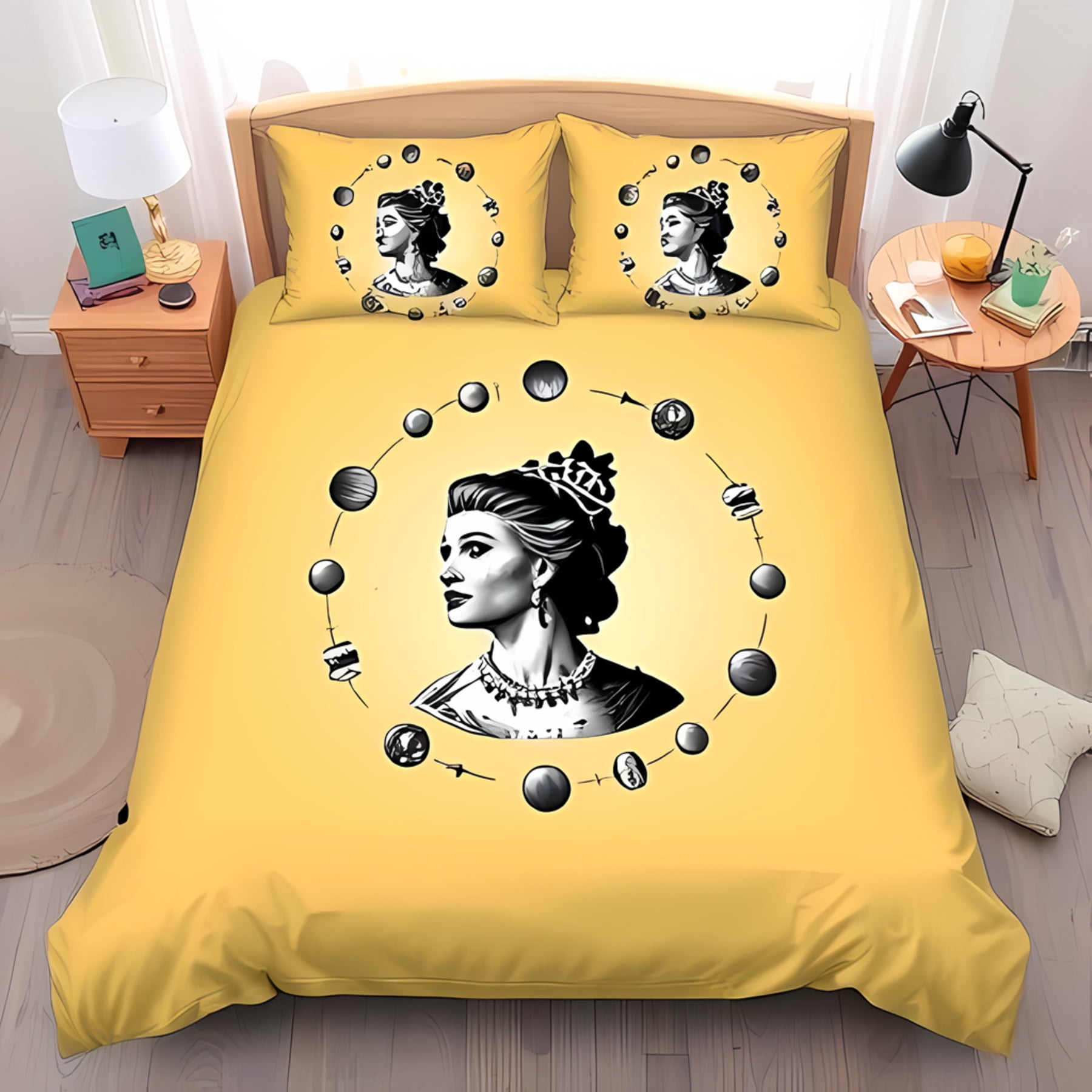 Elegant 3-Piece Mustard Yellow Duvet Cover Set with Queen Graphic ...