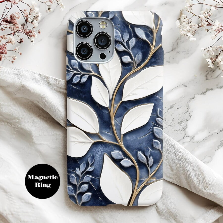 Elegant 3D Luxury Blue and Gold Leaf Art Mag-Compatible Case 11 12 13 ...