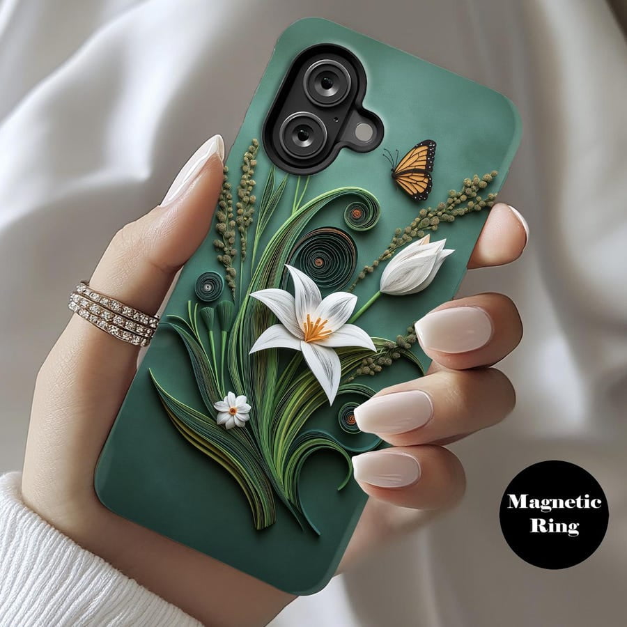 Elegant 3D White Lily and Butterfly Floral Mag-Compatible Case 11 12 13 ...